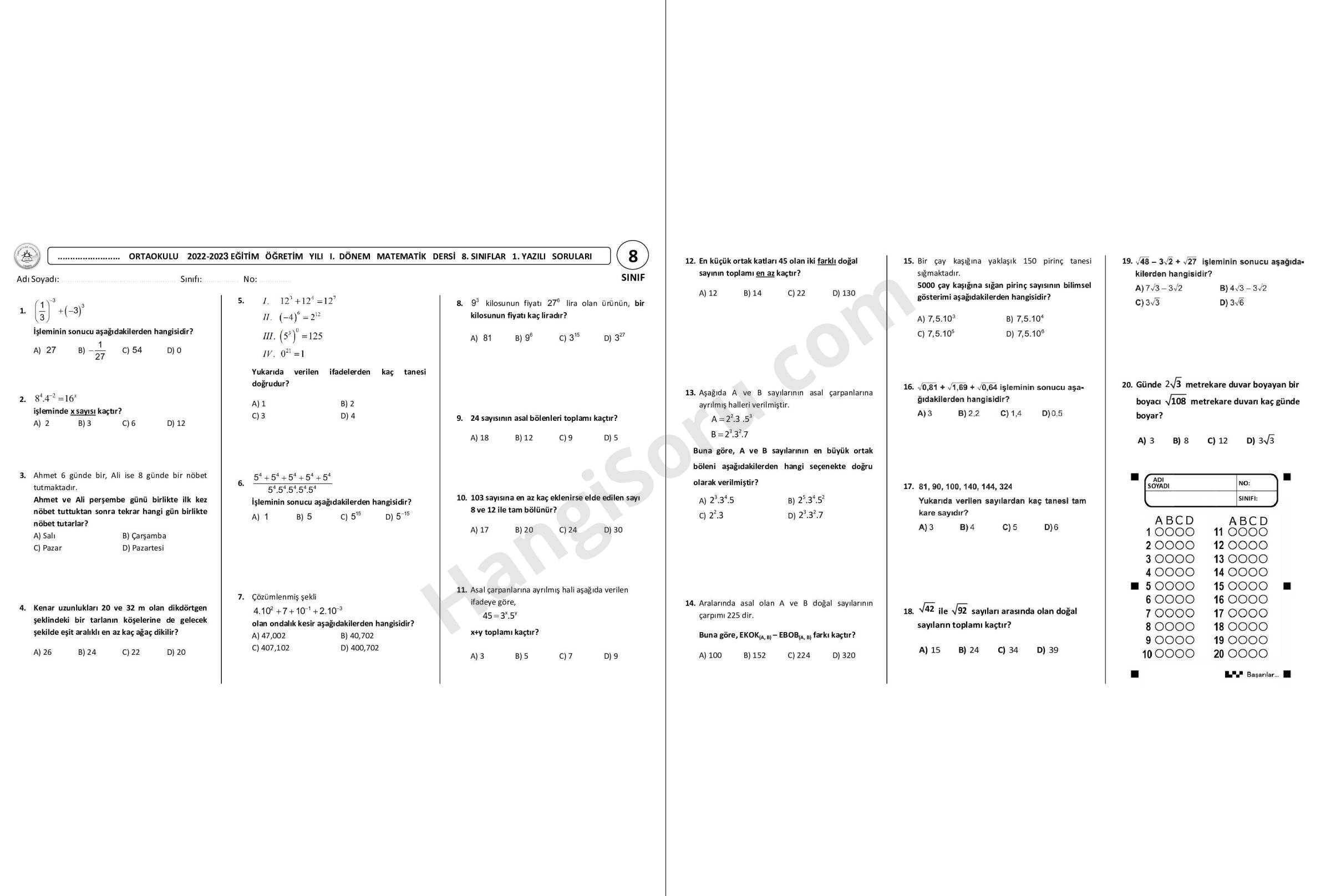 2022 2023 8 Sınıf Matematik 1 Dönem 1 Yazılı Soruları Pdf Hangisoru