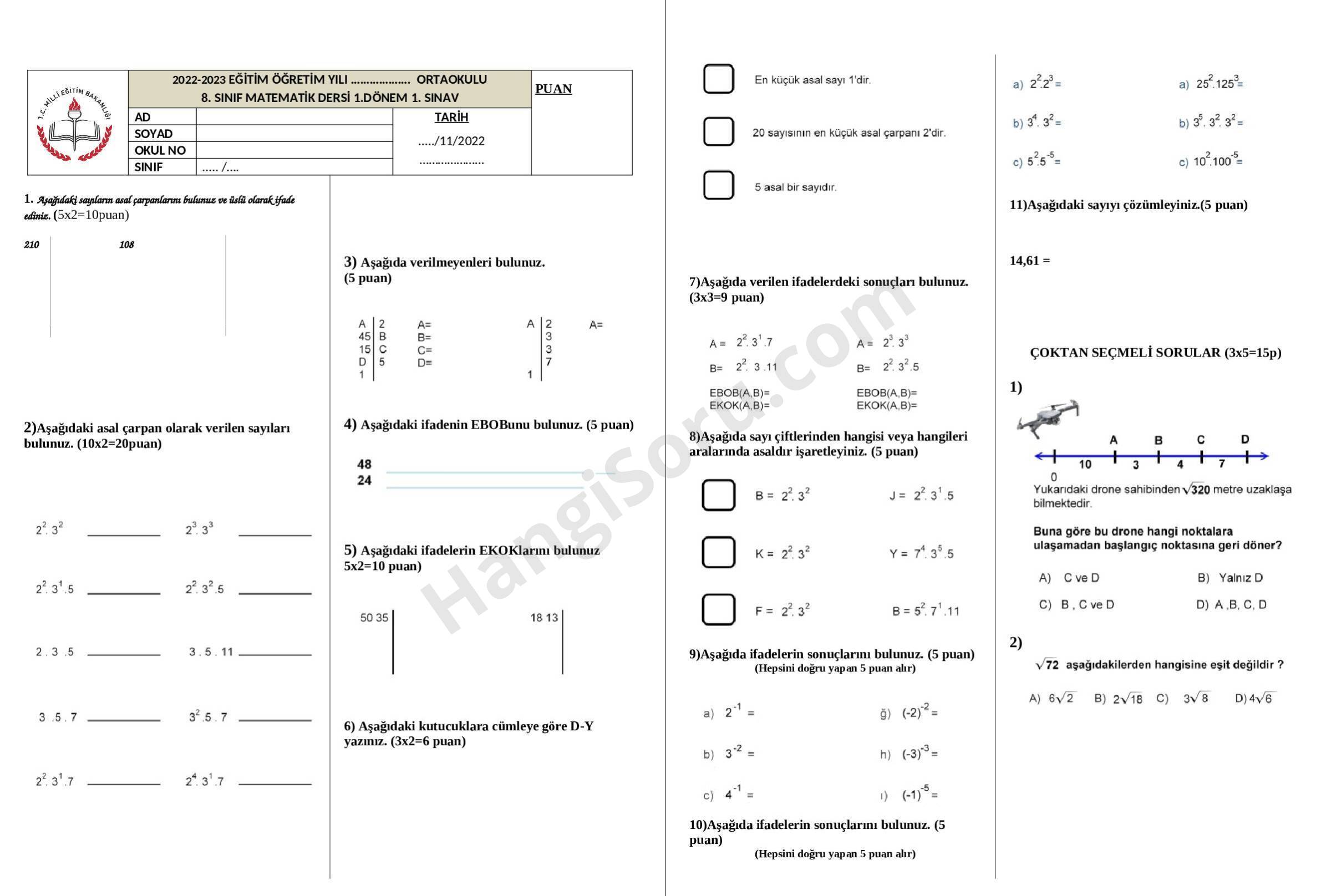2022 2023 8 Sınıf Matematik Dersi 1 Dönem 1 Yazılı Soruları Hangisoru