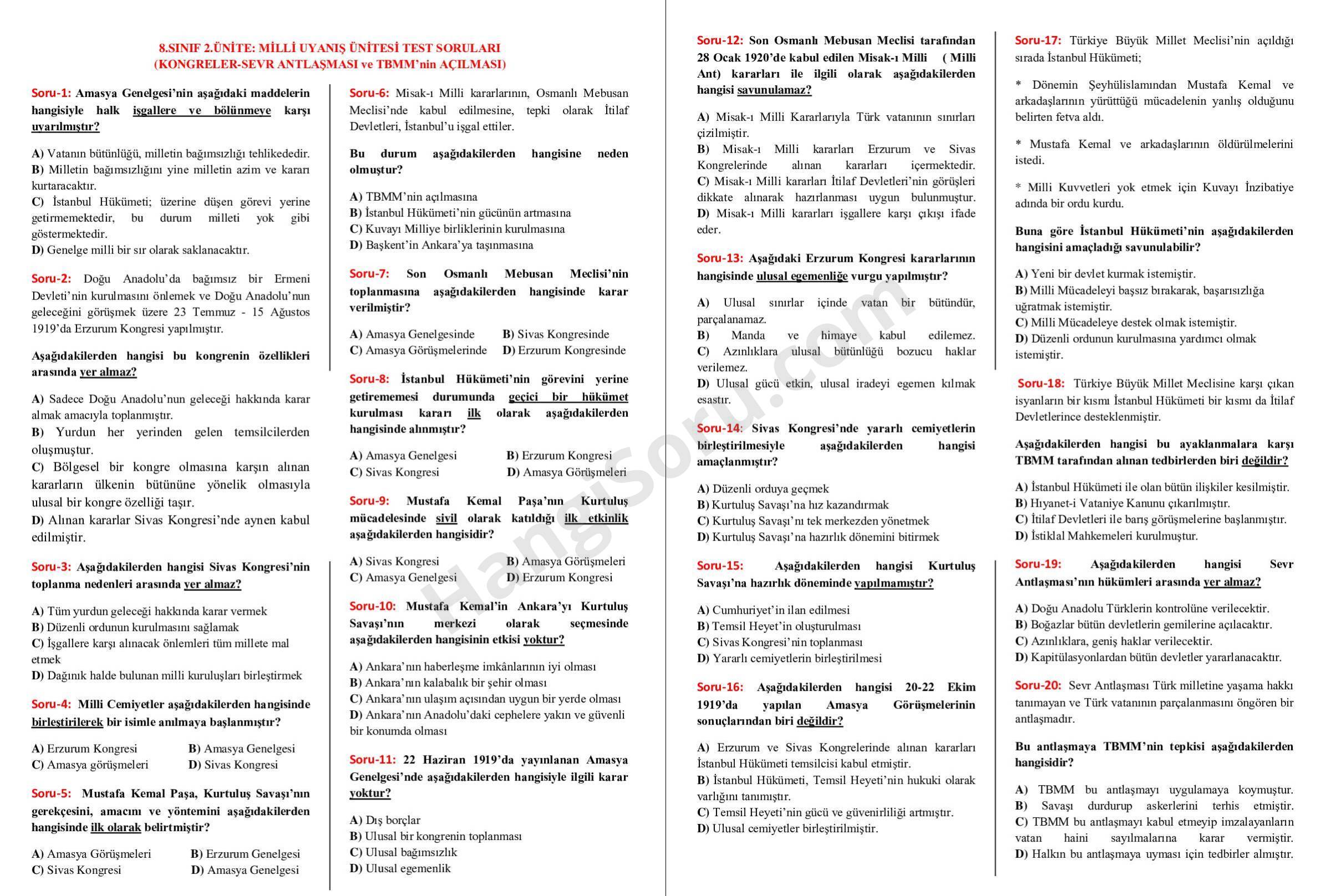 8. Sınıf İnkılap Tarihi Milli Uyanış Testi PDF 3 - HangiSoru 8. Sınıf İnkılap Tarihi Milli Uyanış Testi PDF 3 - HangiSoru