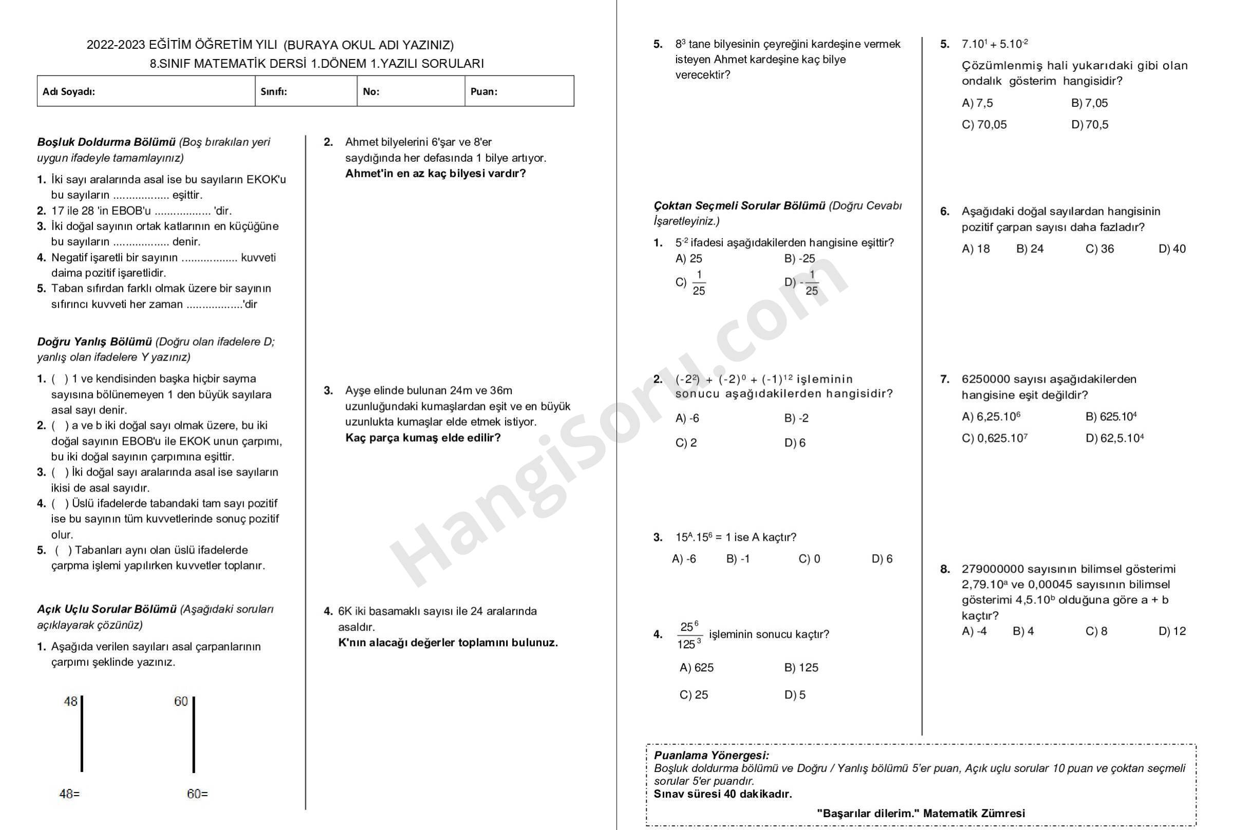8 Sınıf Matematik 1 Dönem 1 Yazılı Soruları 2022 2023 Hangisoru