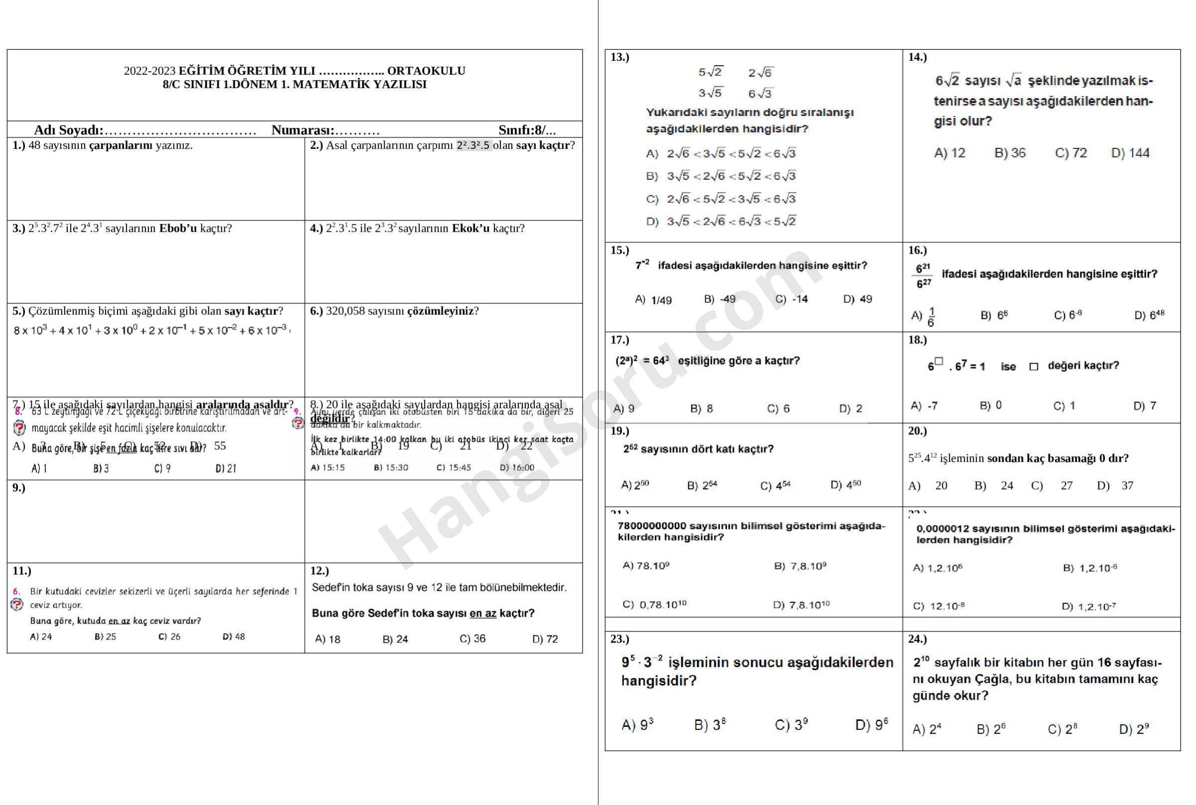 8 Sınıf Matematik 1 Dönem 1 Yazılı Soruları 2022 2023 Müfredatı Hangisoru