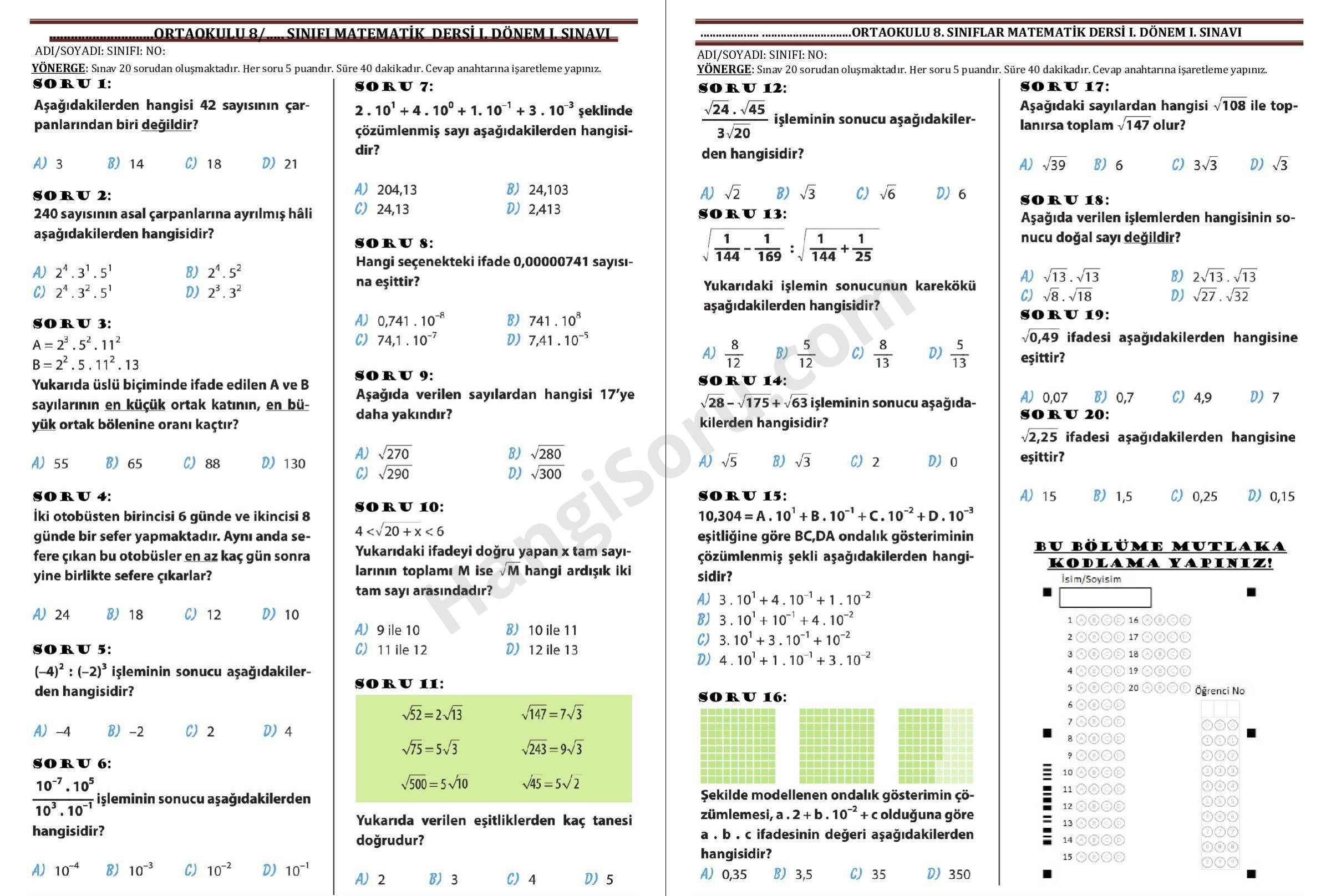 8 Sınıf Matematik 1 Dönem 1 Yazılı Soruları 2022 2023 Pdf Hangisoru