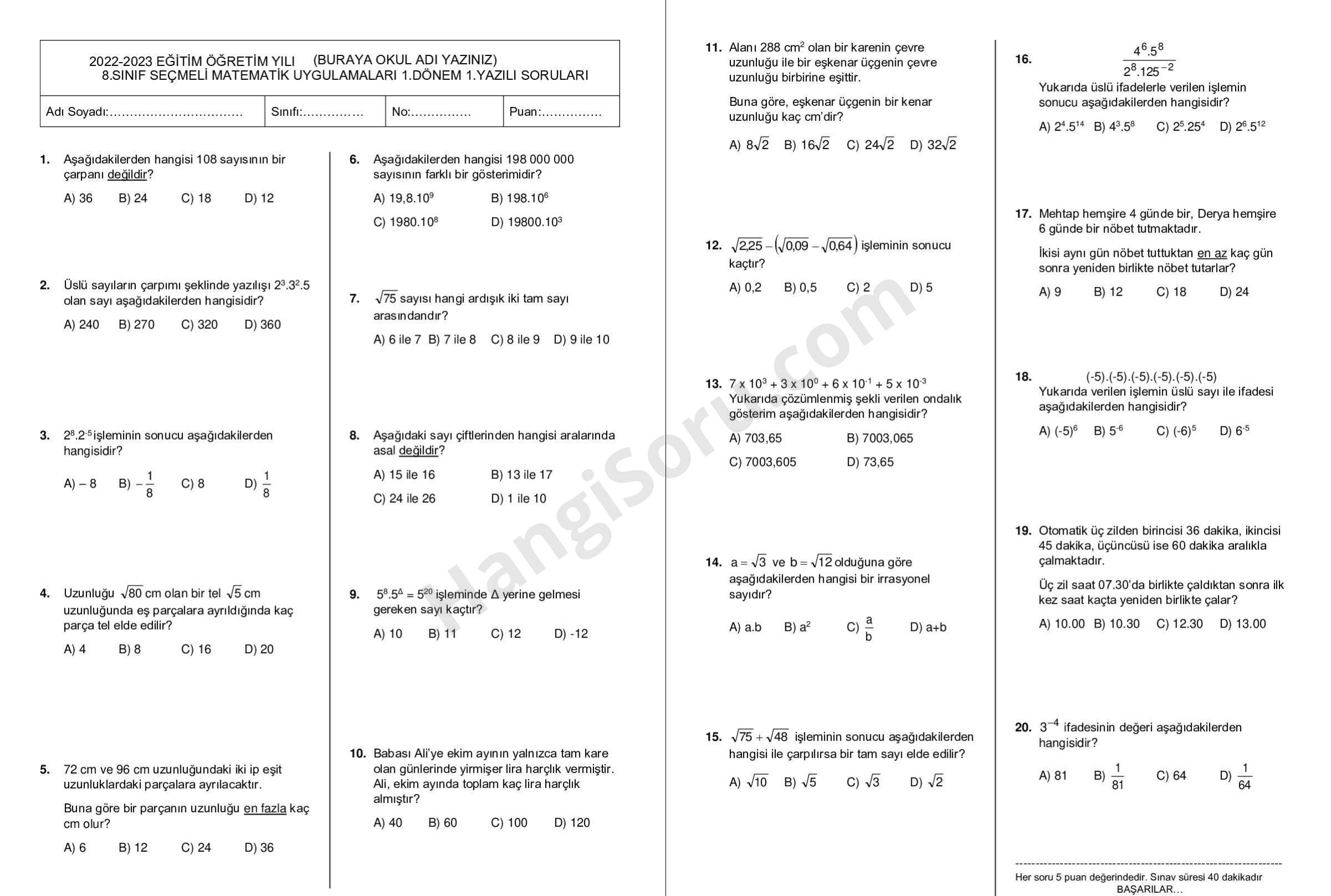 8 Sınıf Seçmeli Matematik 1 Dönem 1 Yazılı Soruları 2022 2023 Hangisoru